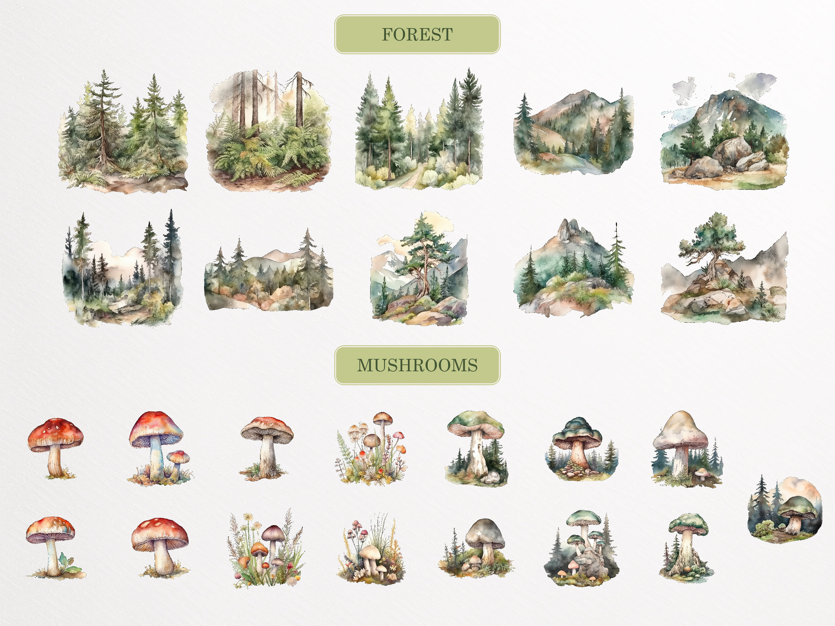 Watercolor Forest Clipart, Woodland, Hiking, Camping, Nature, Tree ...