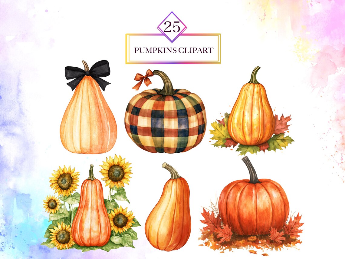 Watercolor Autumn Pumpkins Clipart Bundle, Coquette Pumpkin PNG, Plaid ...