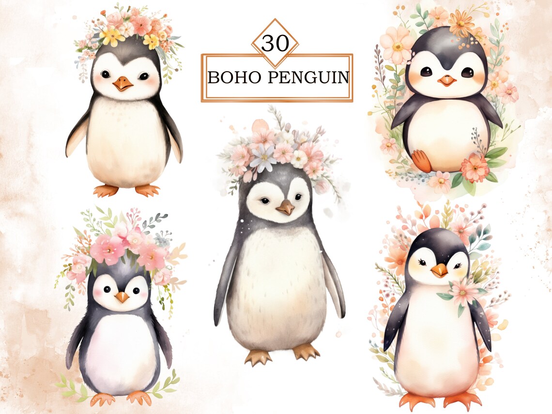 30 Watercolor Boho Floral Penguins Clipart Bundle, Floral Penguin PNG ...
