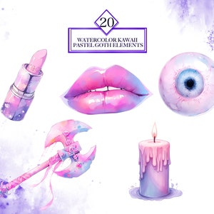 Watercolor Pastel Goth Elements PNG Bundle, Kawaii Pastel Goth Clipart ...