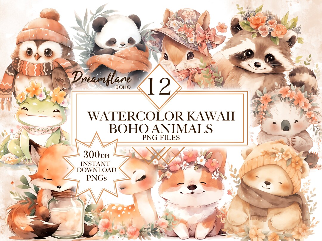 Watercolor Kawaii Boho Animals Clipart Bundle, Kawaii Animals Clipart ...