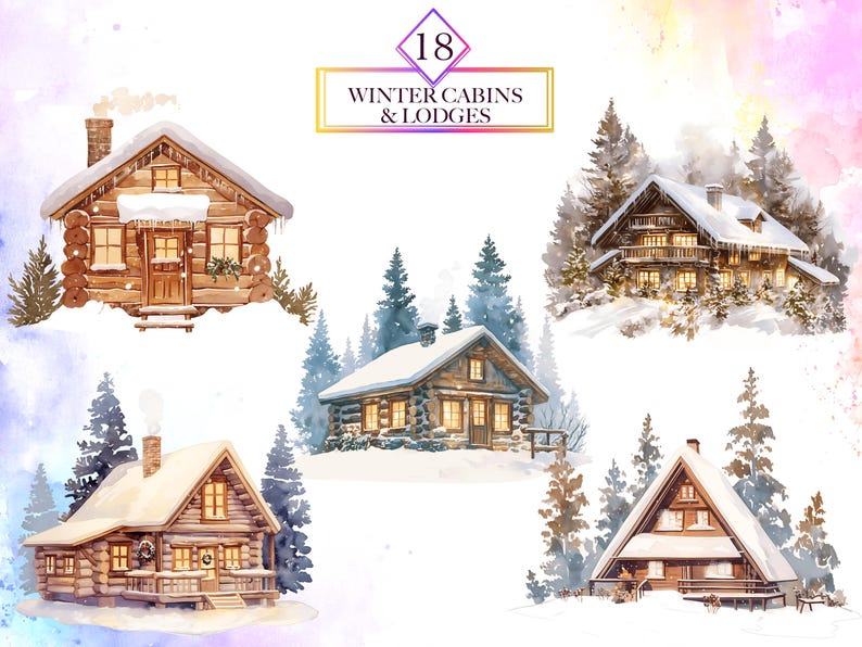 Watercolor Winter Cabins PNG Bundle, Skiing PNG, Winter Lodge PNG ...