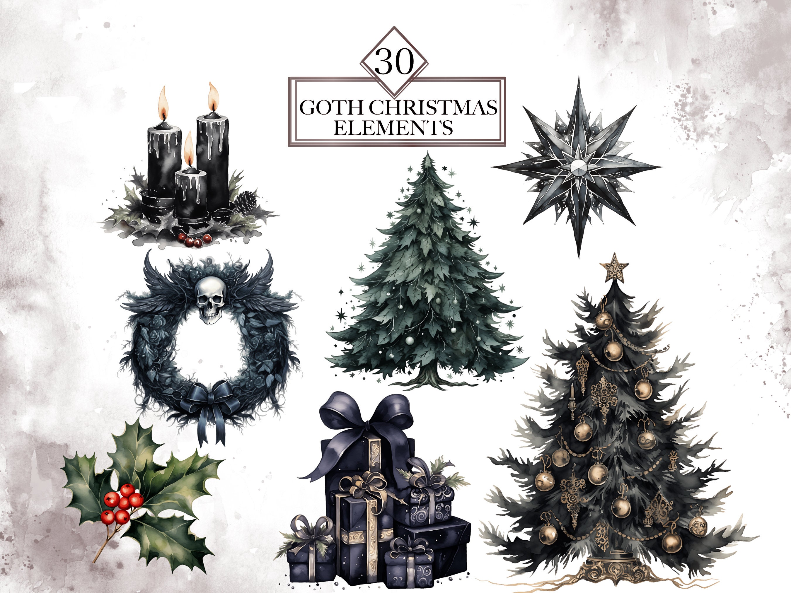 Watercolor Goth Christmas Elements PNG Bundle, Gothic Spooky Christmas ...