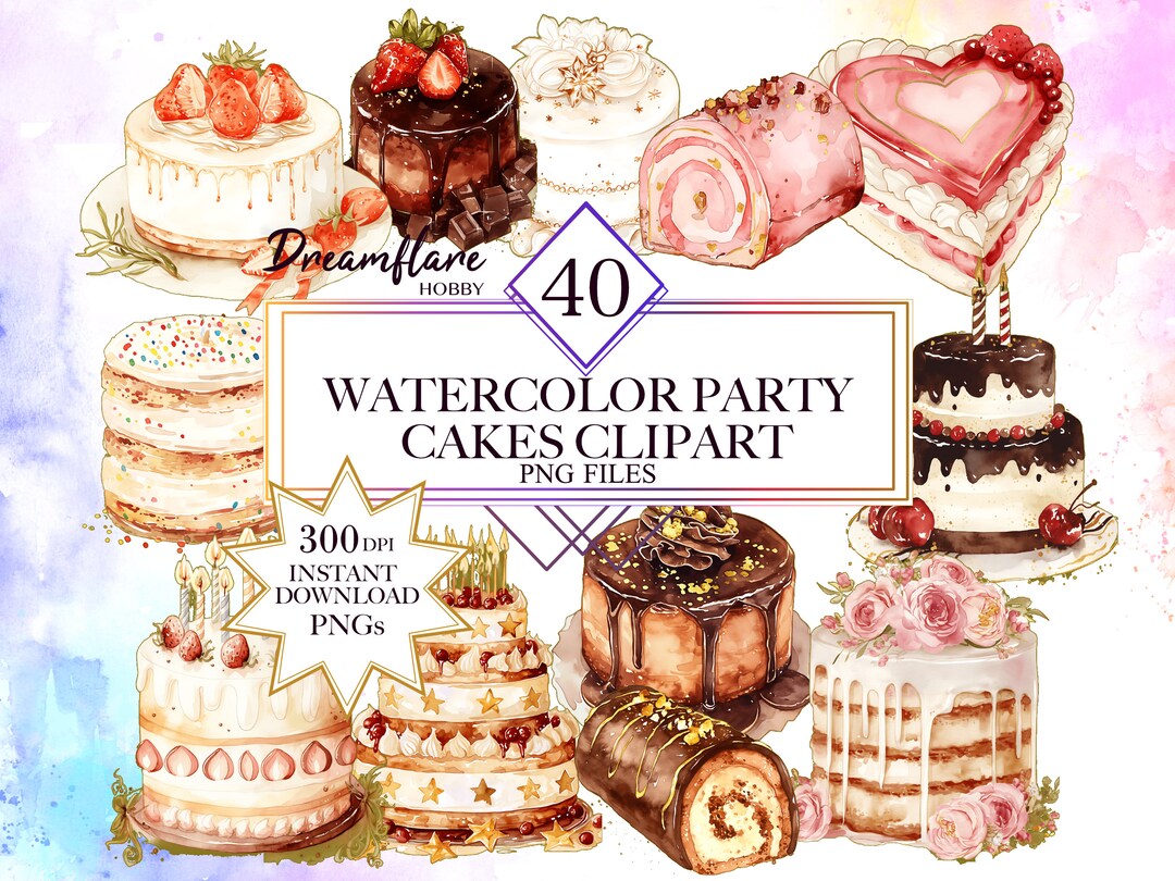 Watercolor Cakes Clipart Bundle, Birthday Watercolor Clipart, Birthday ...