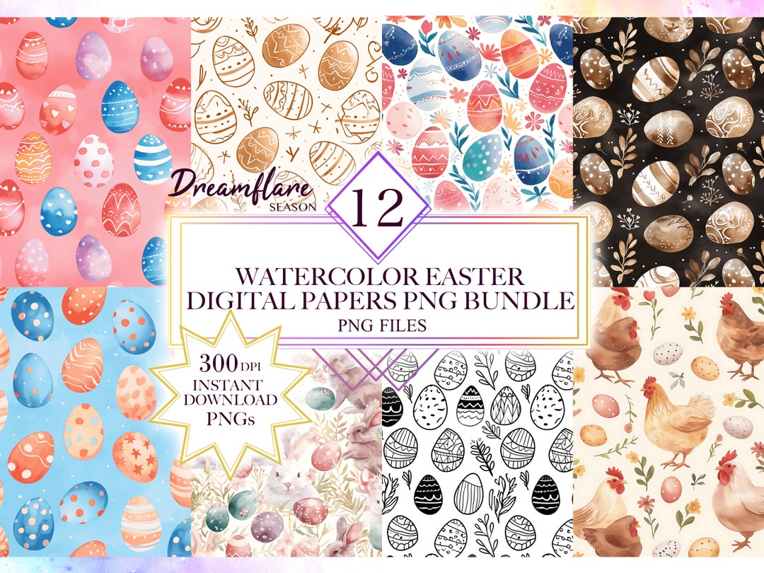 Watercolor Easter Digital Papers PNG Bundle, Easter Eggs PNG, Easter ...