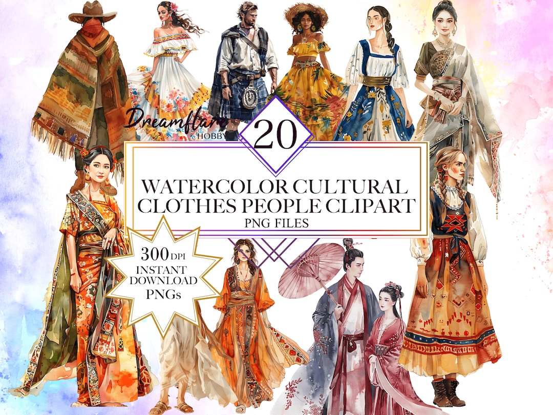 Watercolor Cultural Clothes Clipart Bundle, People PNG, Travel Clipart ...