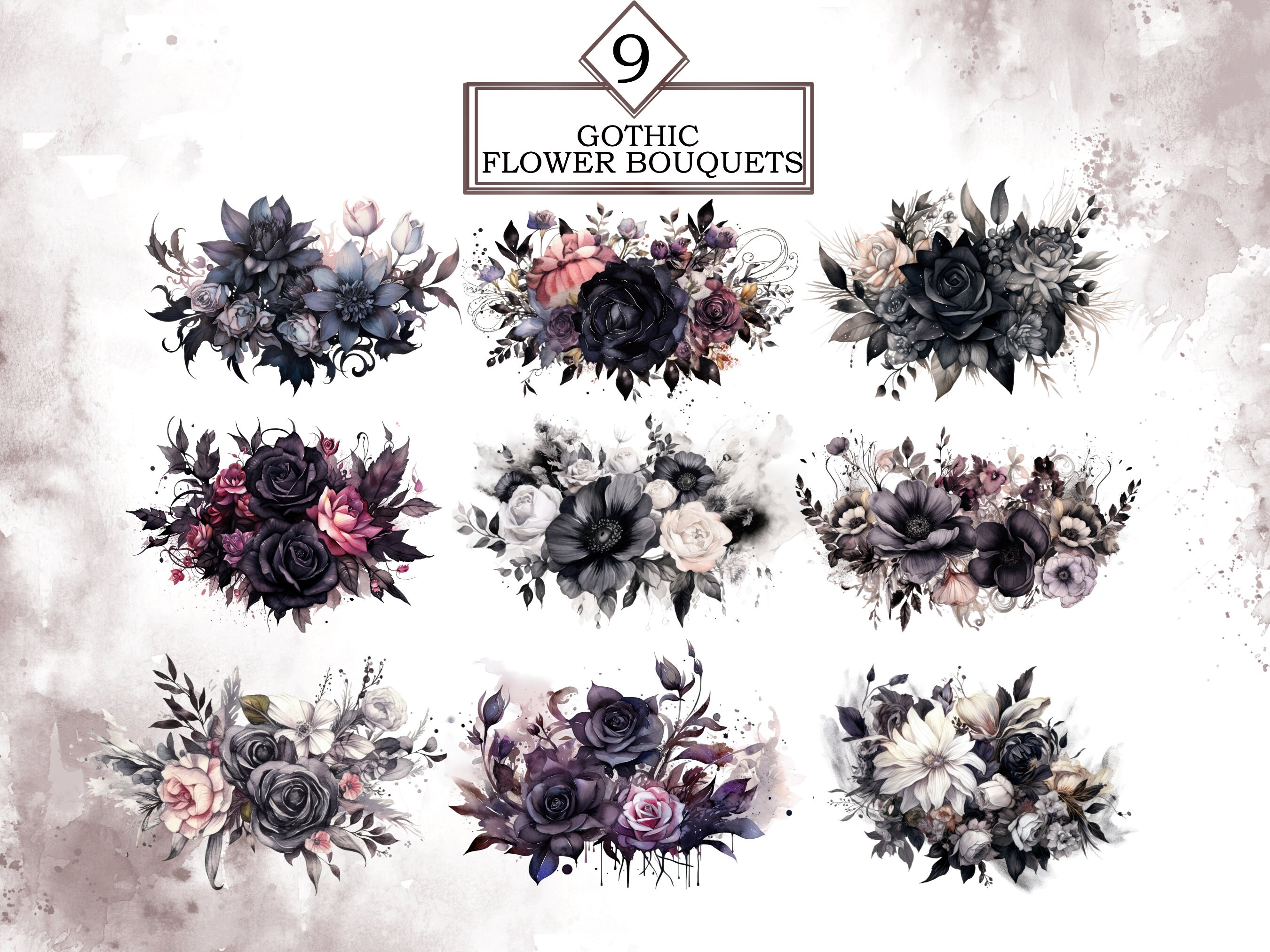Gothic Flowers Watercolor Clipart PNG, Floral Gothic Clipart, Gothic ...