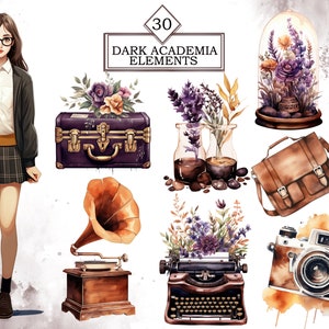 Dark Academia Clipart Bundle, Watercolor Dark Academia Aesthetic ...