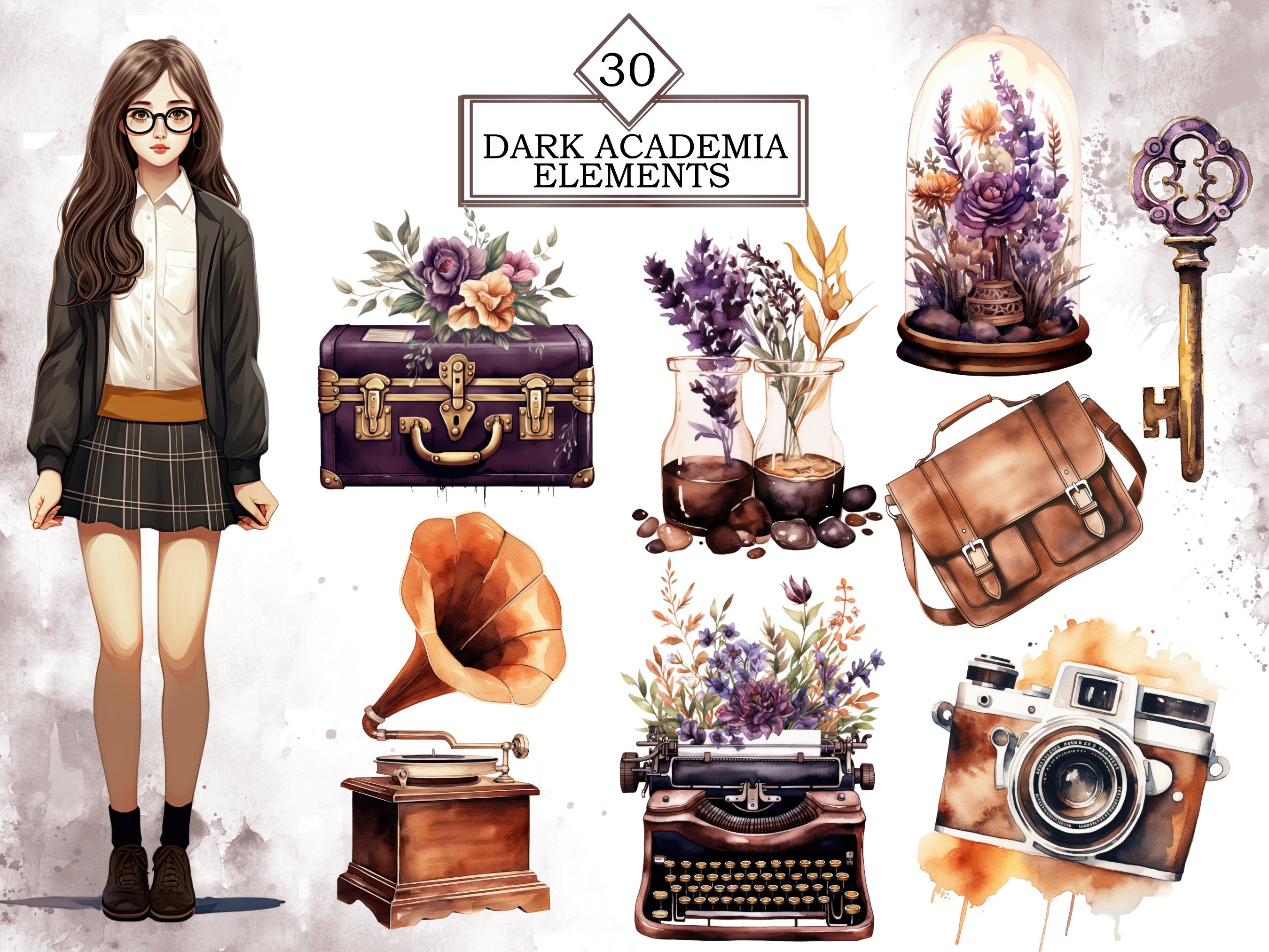 Dark Academia Clipart Bundle, Watercolor Dark Academia Aesthetic ...