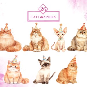 Watercolor Cat Birthday Clipart Bundle, Cute Cat PNG, Watercolor ...