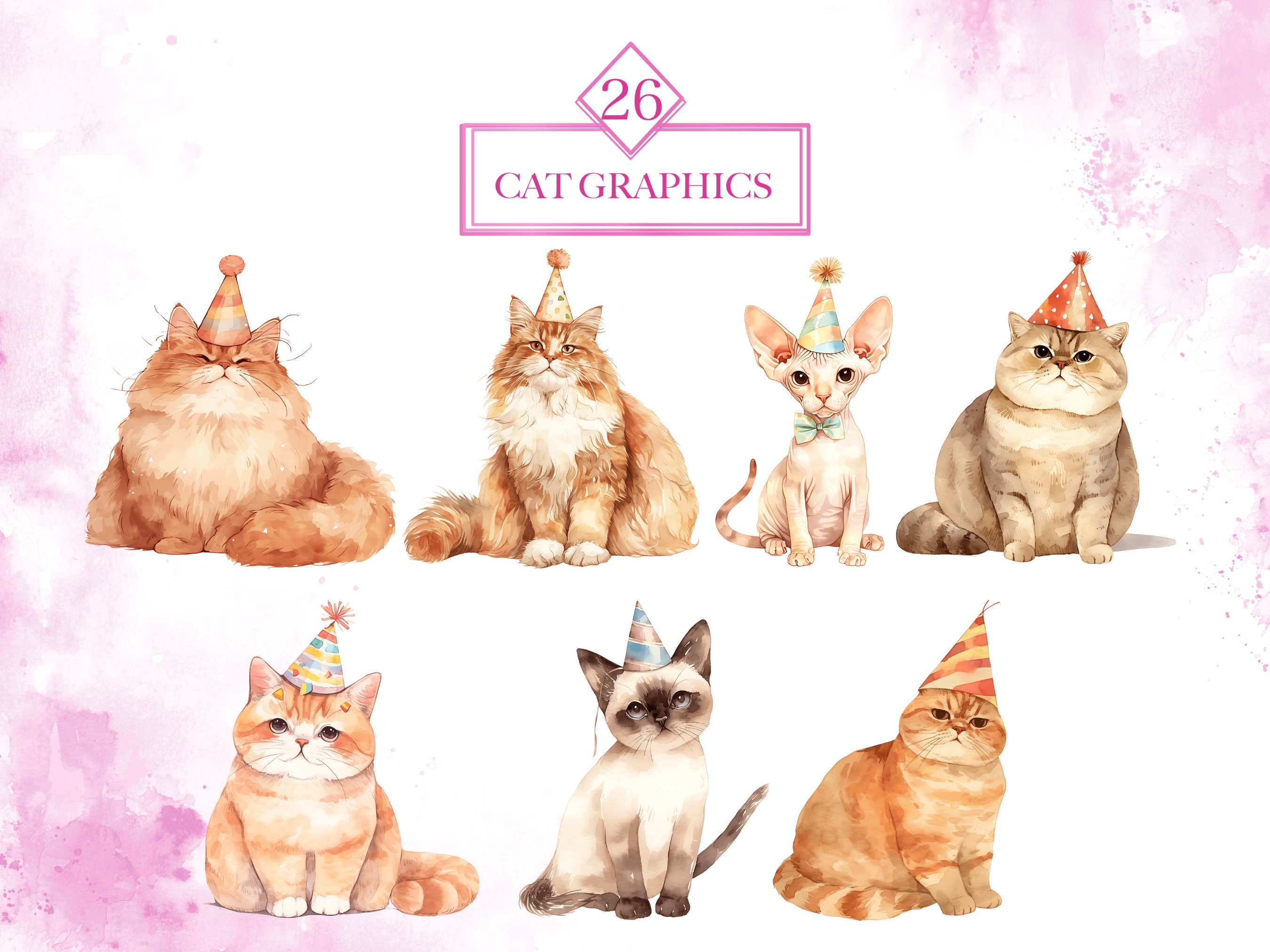 Watercolor Cat Birthday Clipart Bundle, Cute Cat PNG, Watercolor ...