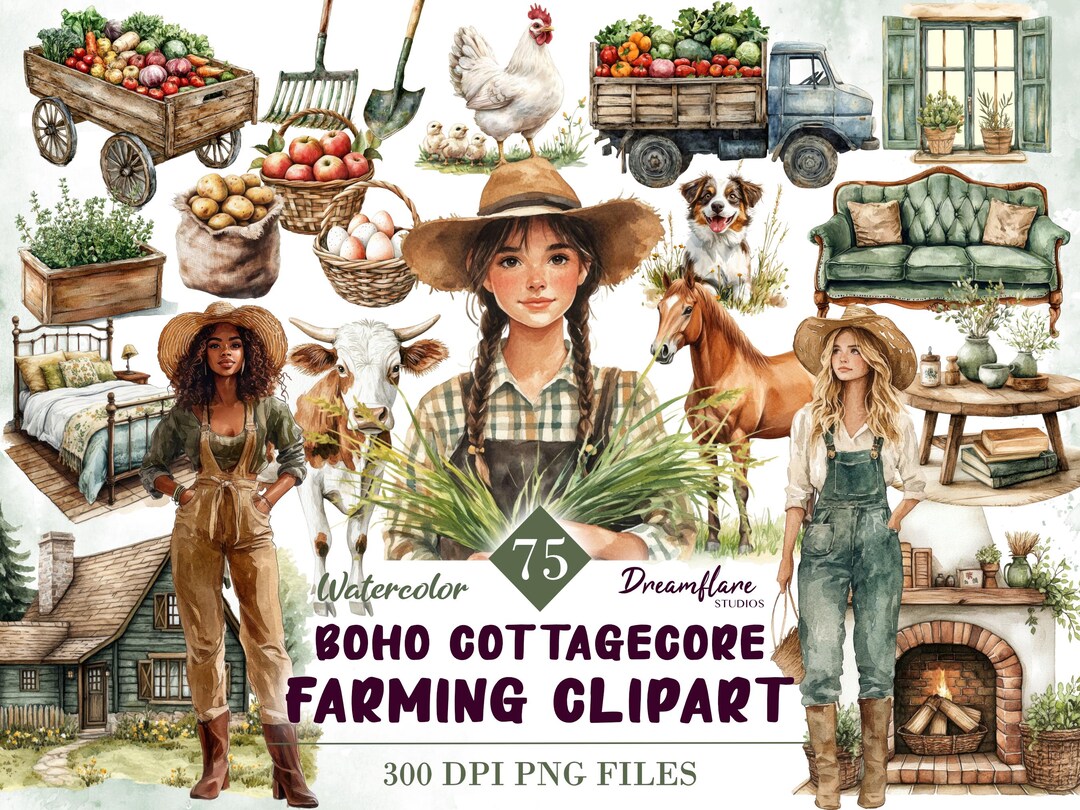 Watercolor Boho Cottage Farm Clipart Bundle, Farming PNG, Spring Summer Cottagecore, Planner ...
