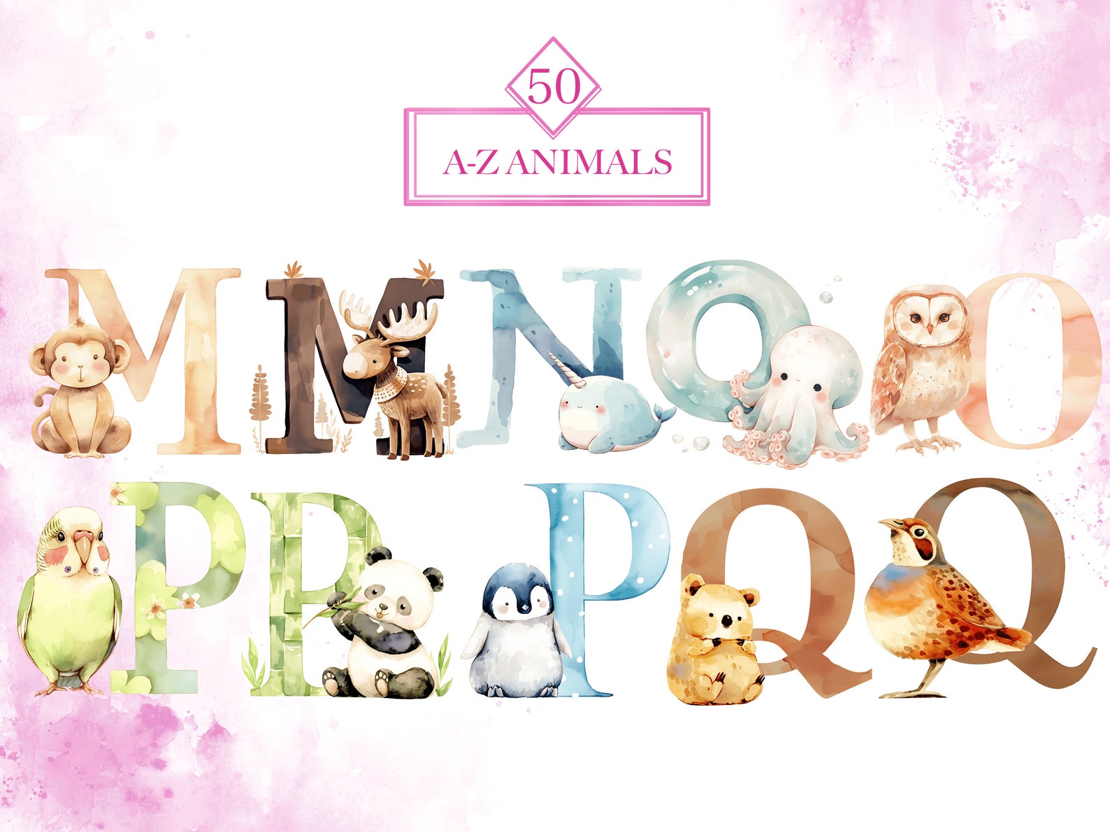 Watercolor Alphabet Animals Clipart Bundle, Back to School Clipart ...