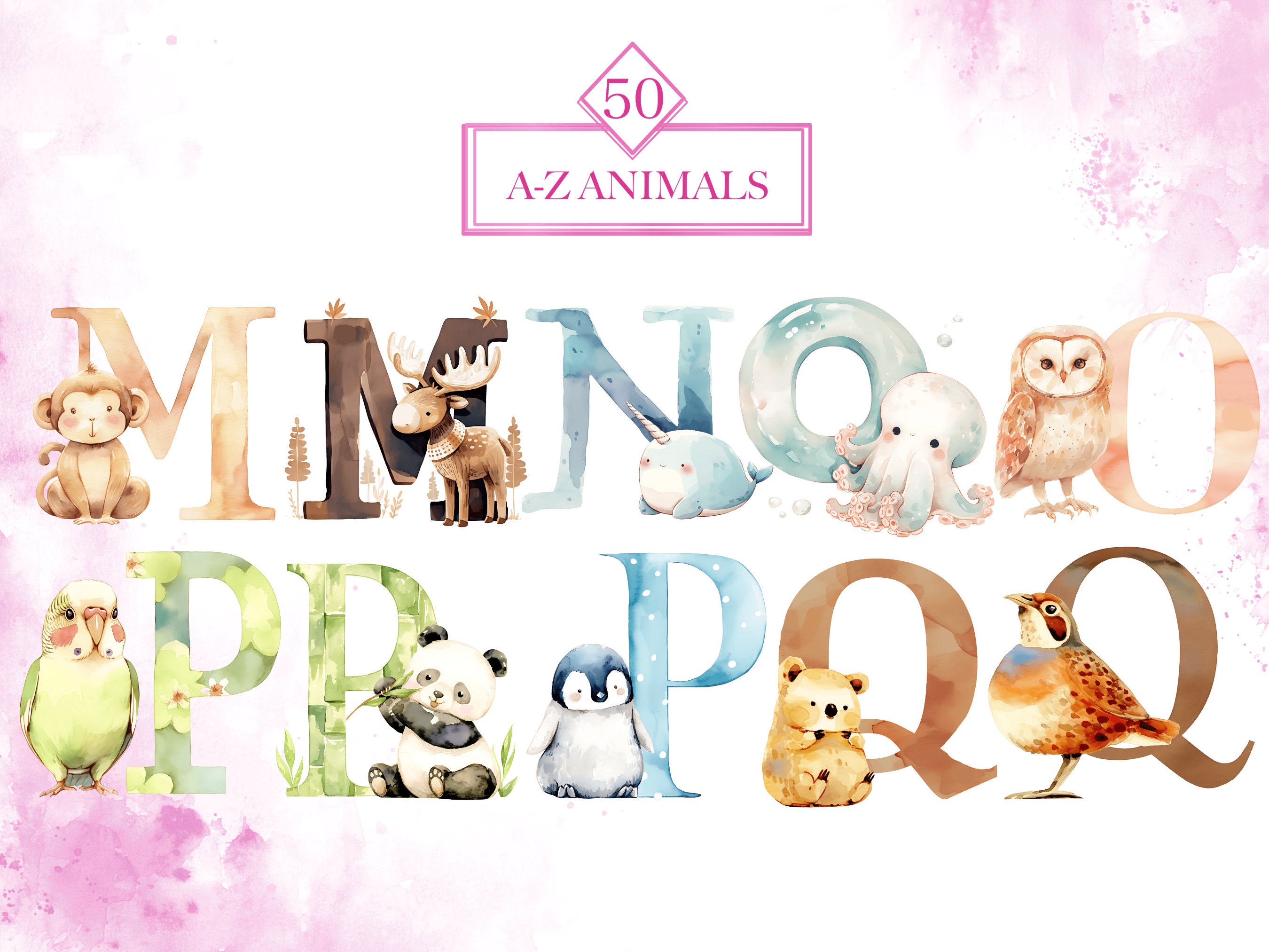 Watercolor Alphabet Animals Clipart Bundle, Back to School Clipart ...