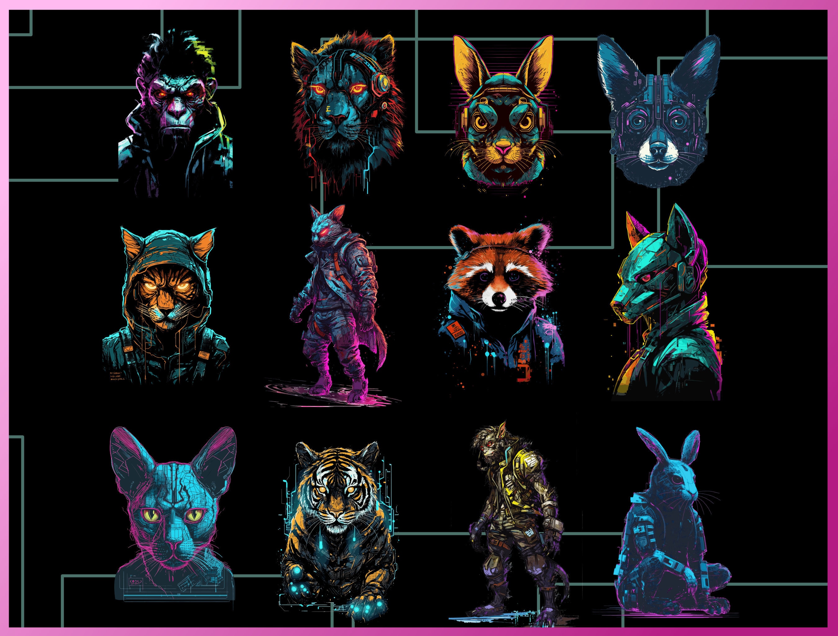 24 Futuristic Cyberpunk Animal Portraits PNG SVG Vector - Etsy