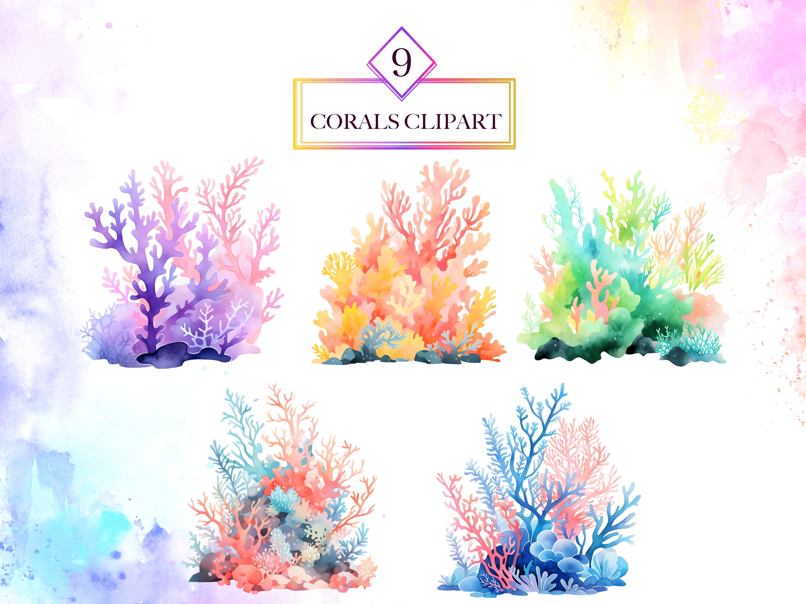 Watercolor Corals Clipart Bundle, Undersea Clipart, Wreaths & Frames ...