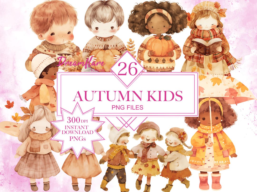 Watercolor Cute Autumn Kids Clipart Bundle Boho Fall PNG Autumn Kids ...