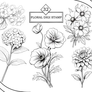 Floral Digital Stamp, Flower Digital Stamp, Digi Stamp, Digital Stamp ...