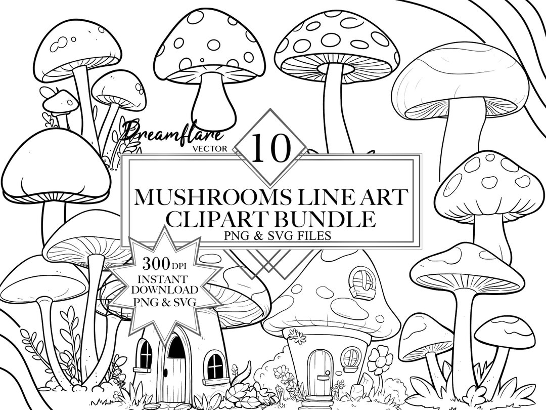 Mushroom Line Art PNG & SVG Bundle, Mushroom Digi Stamp, Mushroom ...