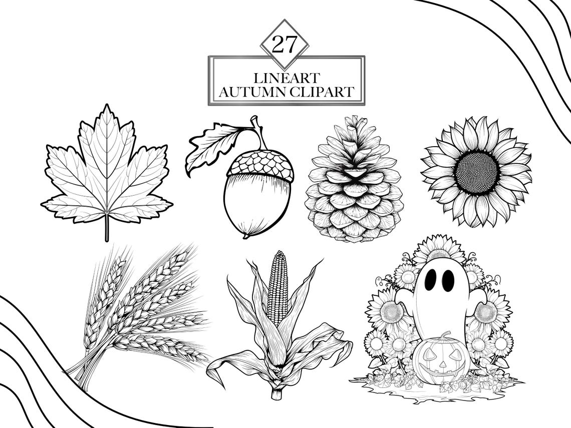 Line Art Autumn PNG and SVG Bundle, Autumn SVG, Digital Stamp, Coloring ...