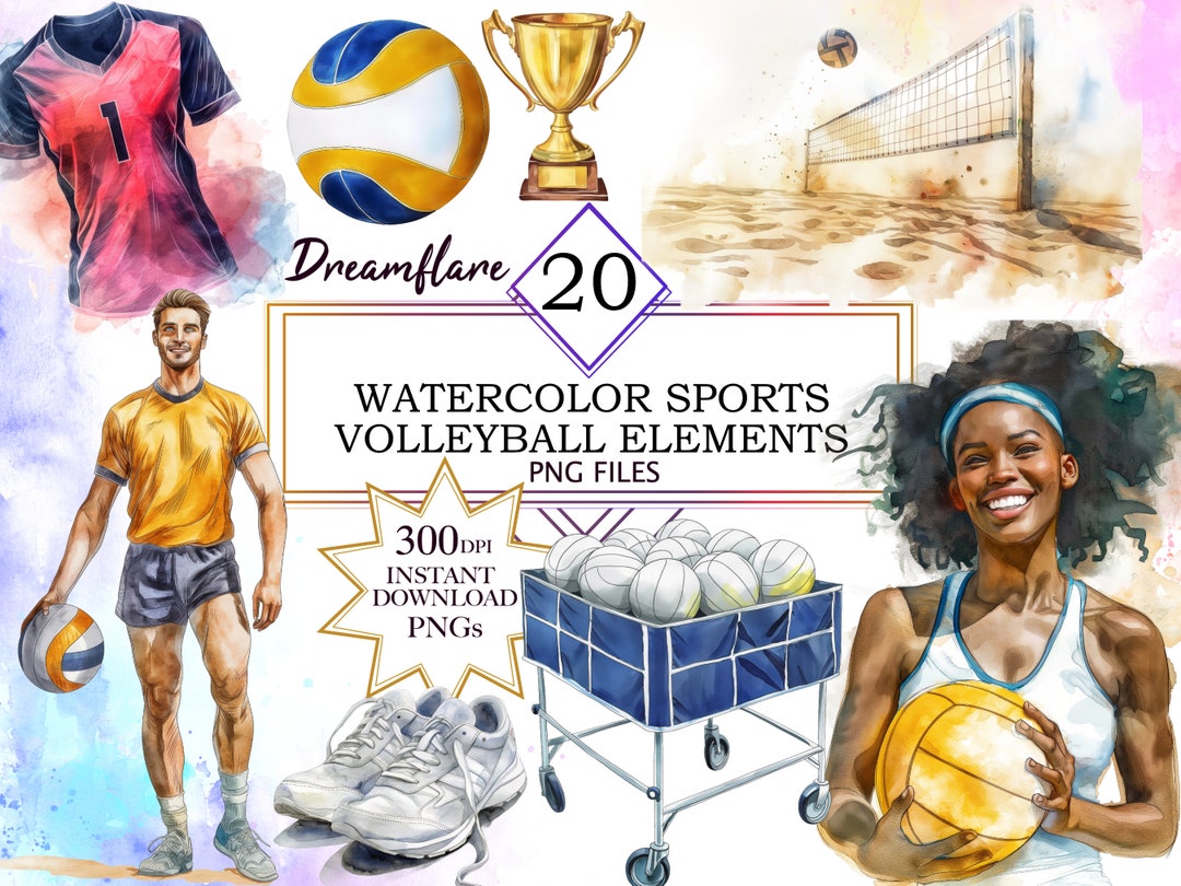 20 Sports Watercolor Volleyball Elements Clipart PNG Bundle, Volleyball ...