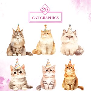 Watercolor Cat Birthday Clipart Bundle, Cute Cat PNG, Watercolor ...