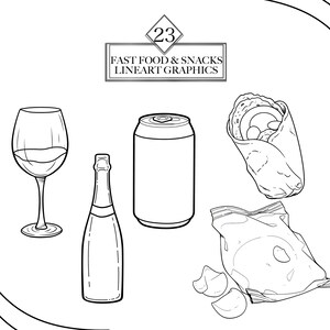 Fast Food and Snacks Lineart PNG Bundle, Doodle PNG, Cute Digi Stamp ...