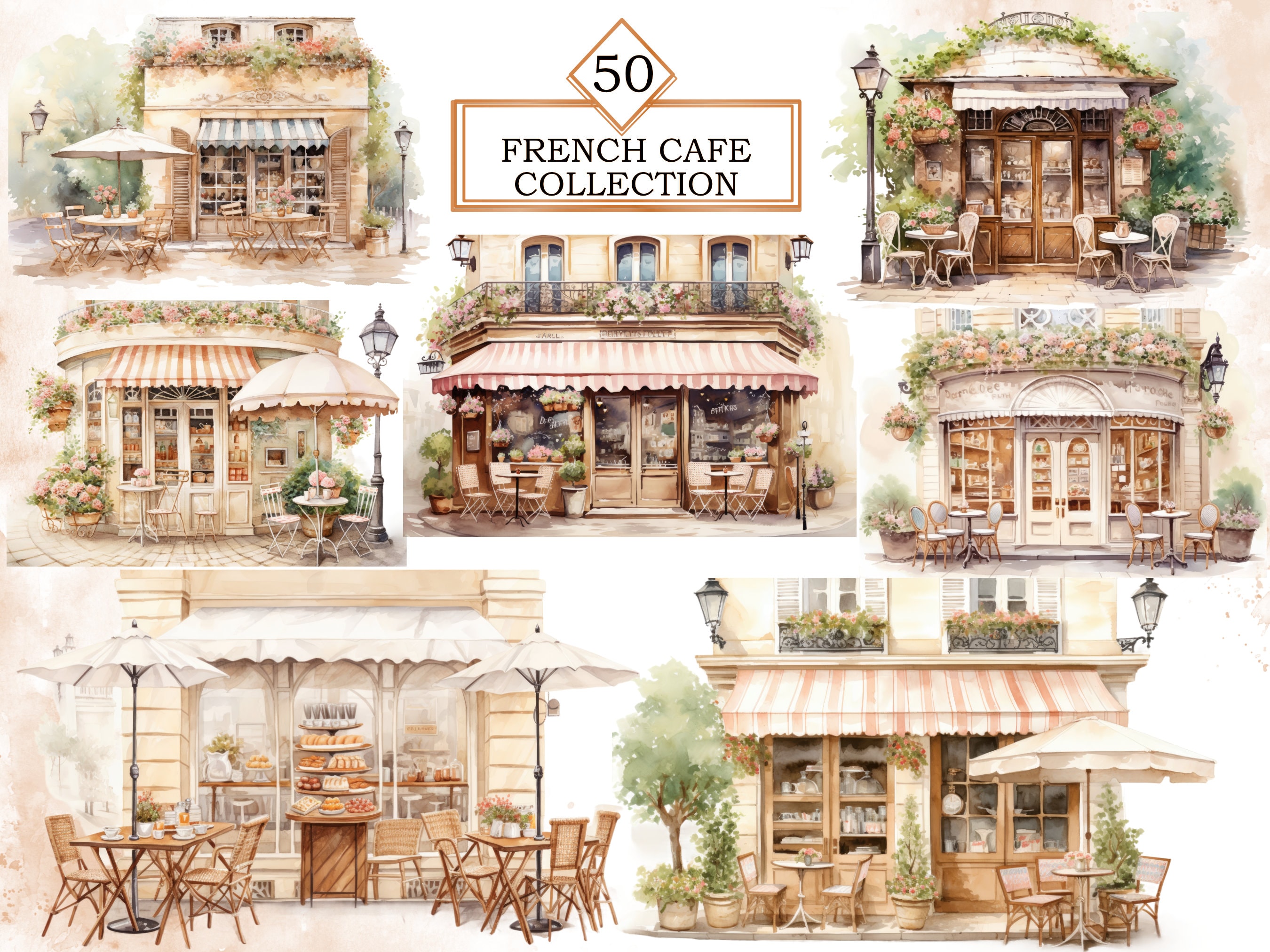 French Cafe Watercolor Clipart, Cafe Interior Clipart, Cafe Exterior ...