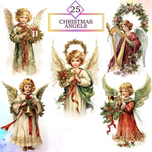 Christmas Angels Watercolor Clipart PNG, Vintage Christmas Angel ...