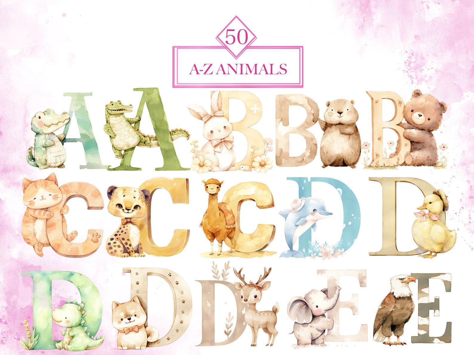 Watercolor Alphabet Animals Clipart Bundle, Back to School Clipart ...