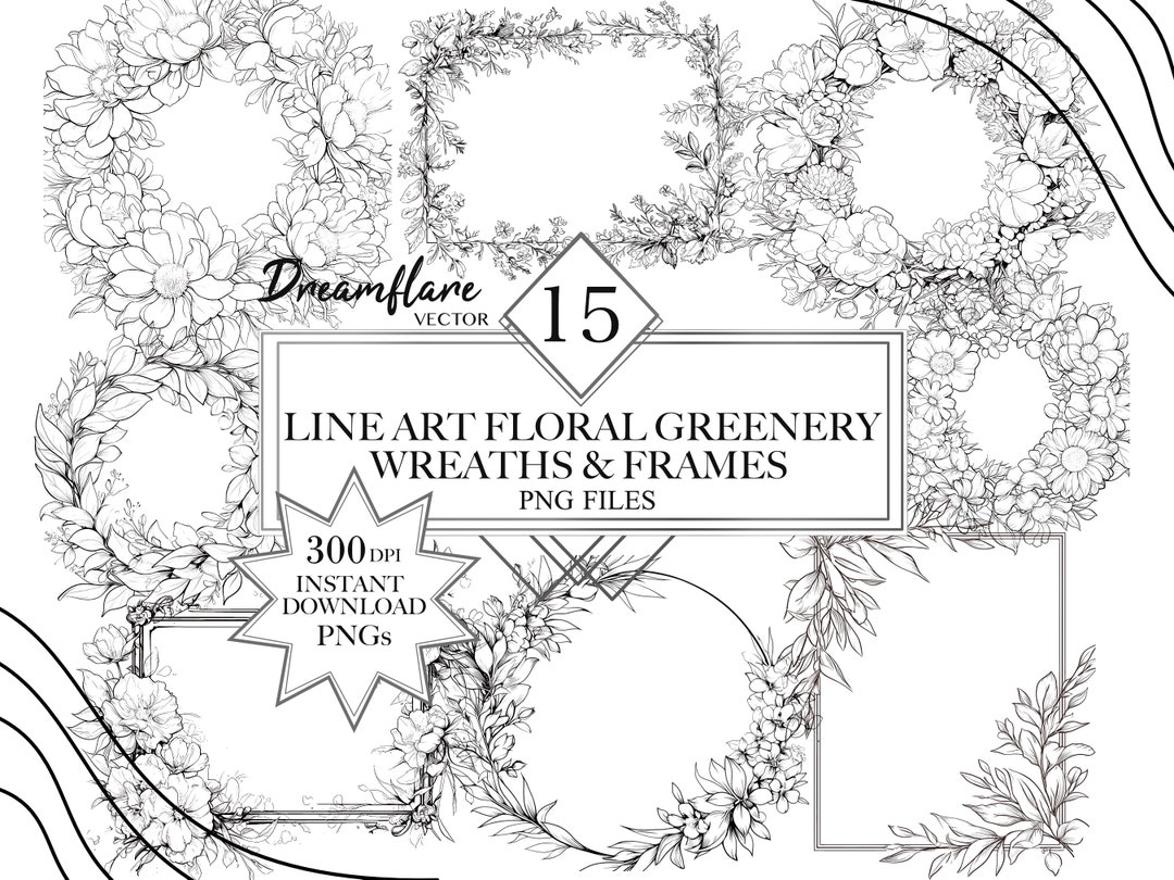 Floral Wreaths & Frames Digital Stamp, Flower Line Art, Digi Stamp ...
