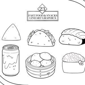 Fast Food and Snacks Lineart PNG Bundle, Doodle PNG, Cute Digi Stamp ...