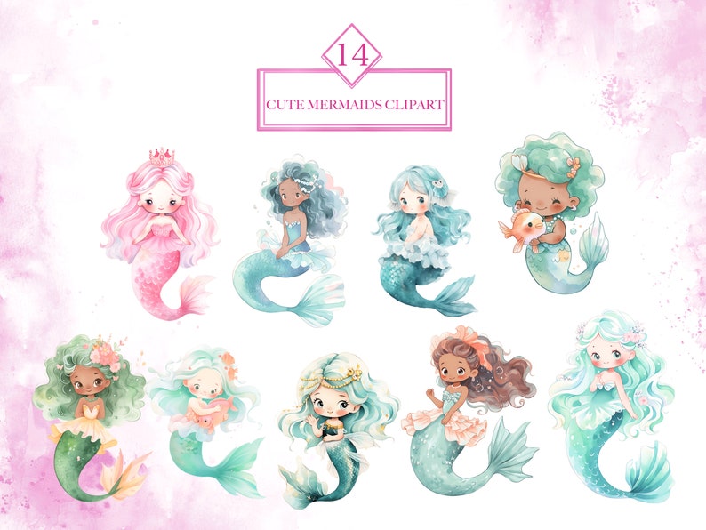 Watercolor Cute Mermaids Clipart Bundle, Mermaid PNG, Merman PNG ...
