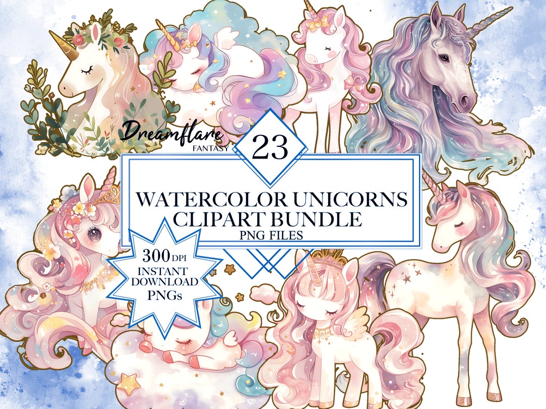 Watercolor Cute Unicorns Clipart Bundle, Magical Unicorn PNG, Unicorn ...