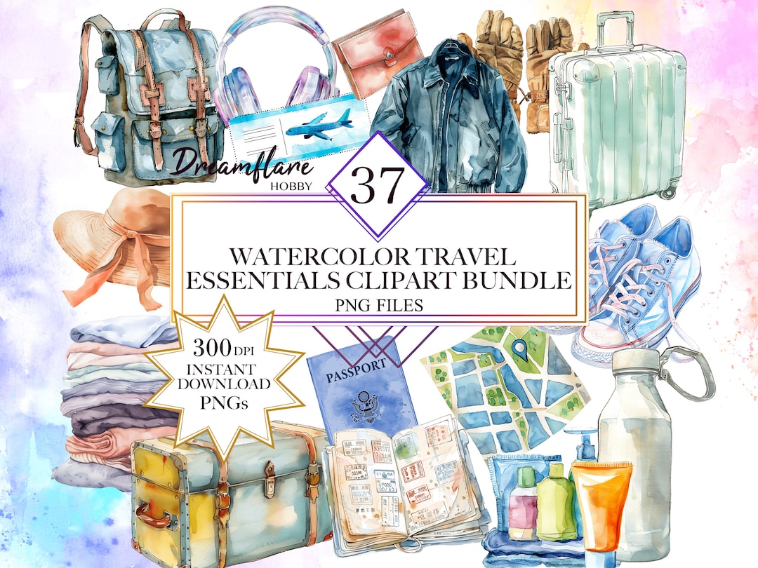 Watercolor Travel Essentials Clipart Bundle, Summer Holiday, Vacation ...