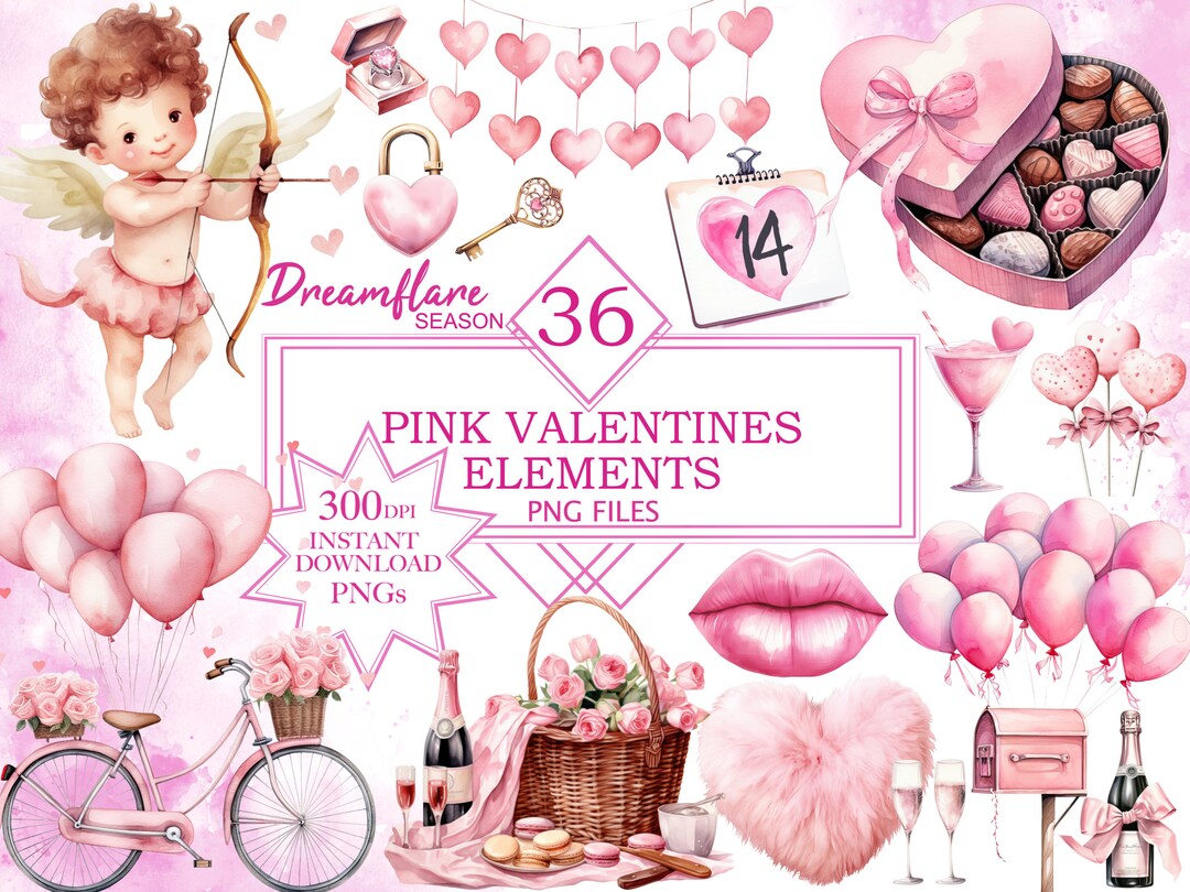 Watercolor Pink Valentines Clipart PNG Bundle, Valentines Day Clipart ...