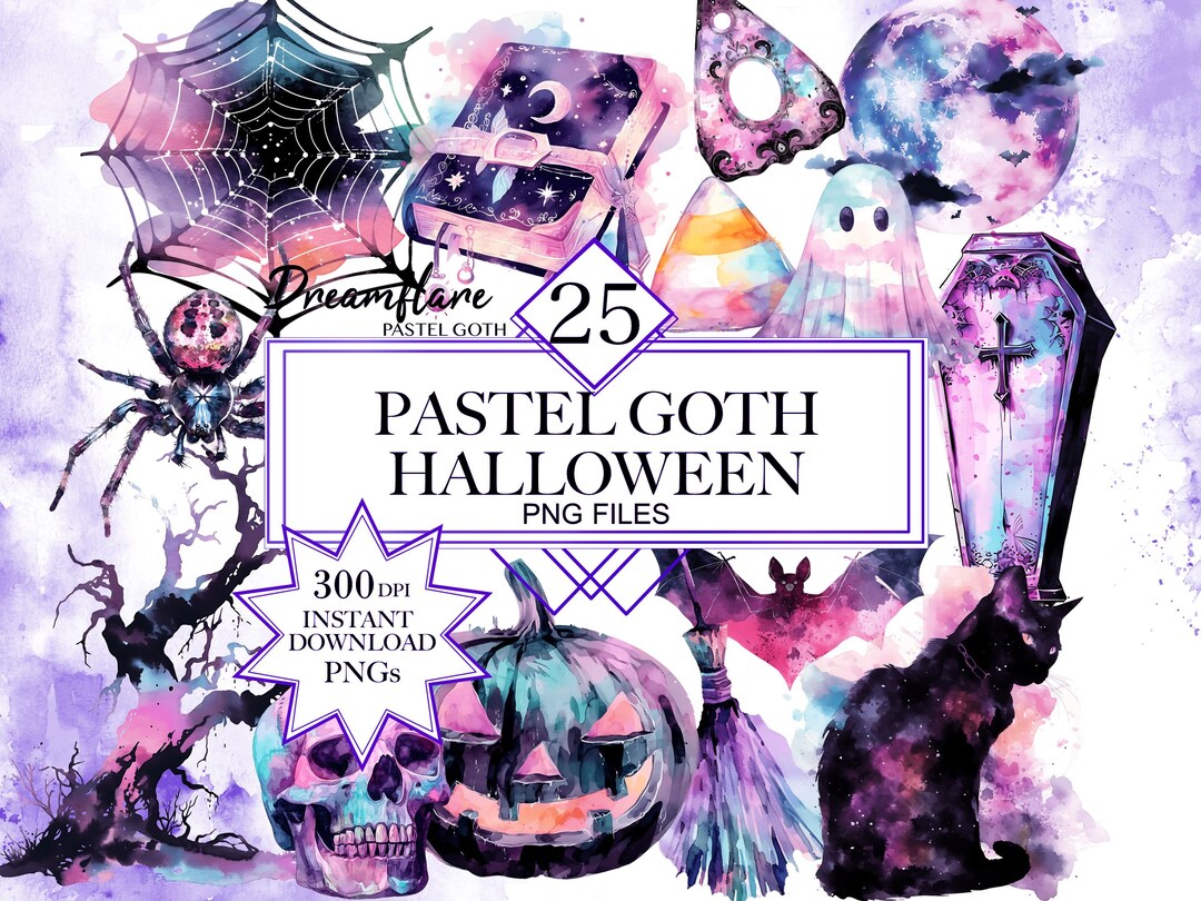 Watercolor Pastel Goth Halloween Clipart Bundle, Pastel Halloween PNG ...
