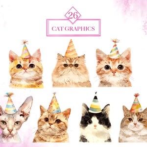 Watercolor Cat Birthday Clipart Bundle, Cute Cat PNG, Watercolor ...