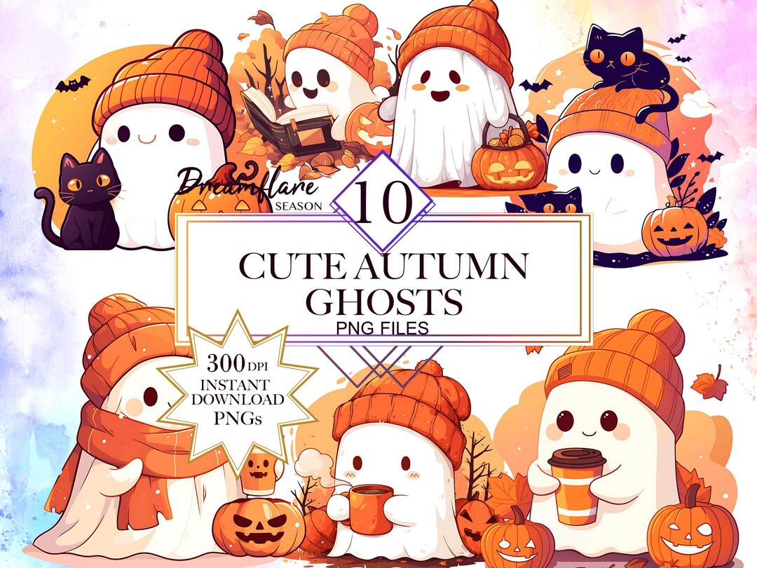 Cute Autumn Ghosts PNG Clipart Bundle, Kawaii Ghost PNG, Autumn PNG ...