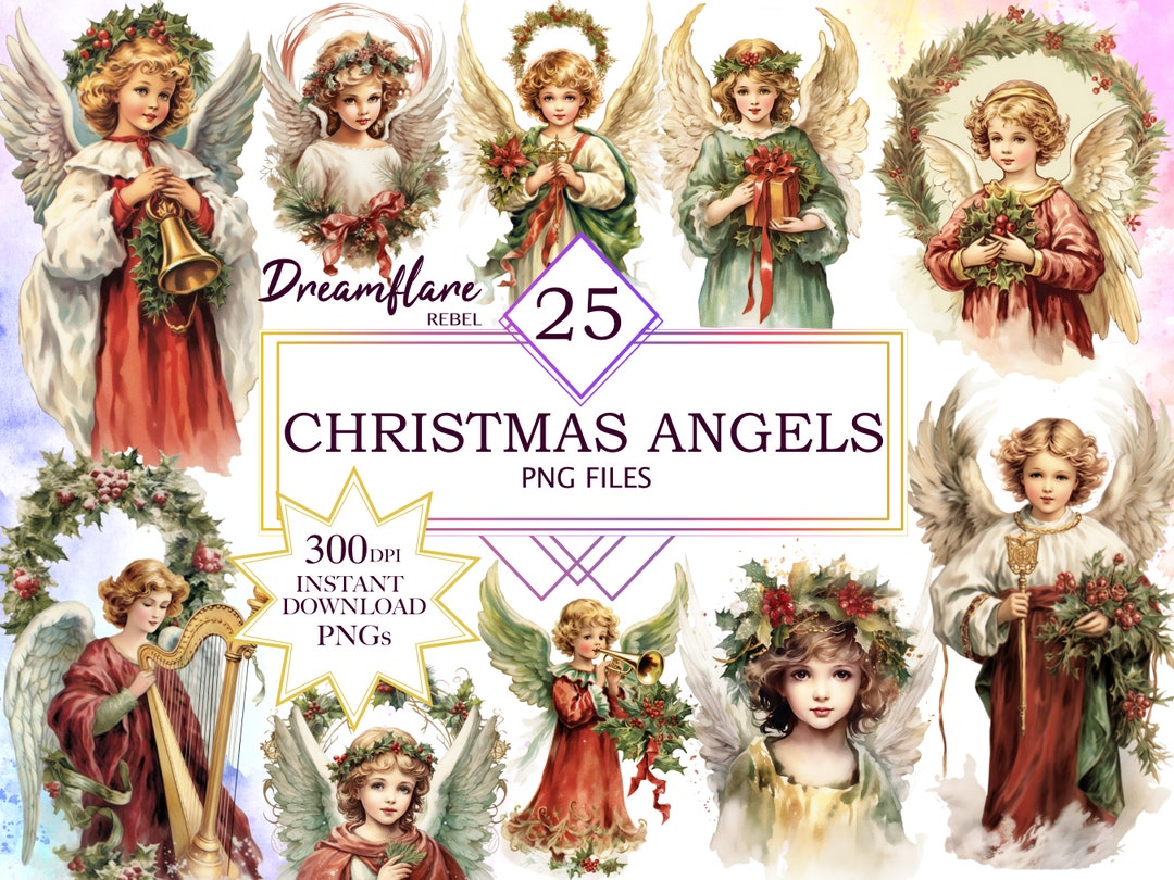 Christmas Angels Watercolor Clipart PNG, Vintage Christmas Angel ...