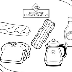 Breakfast Foods Lineart PNG Bundle, Kawaii Foods Clipart, Digital Stamp ...