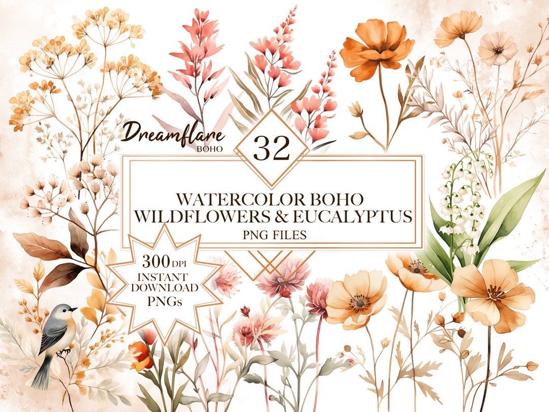 Watercolor Boho Wildflowers Clipart Bundle, Wildflowers PNG, Boho ...