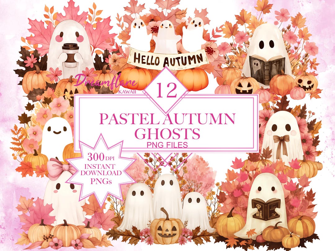 Watercolor Pastel Autumn Ghosts Clipart Bundle, Floral Ghost PNG, Fall ...