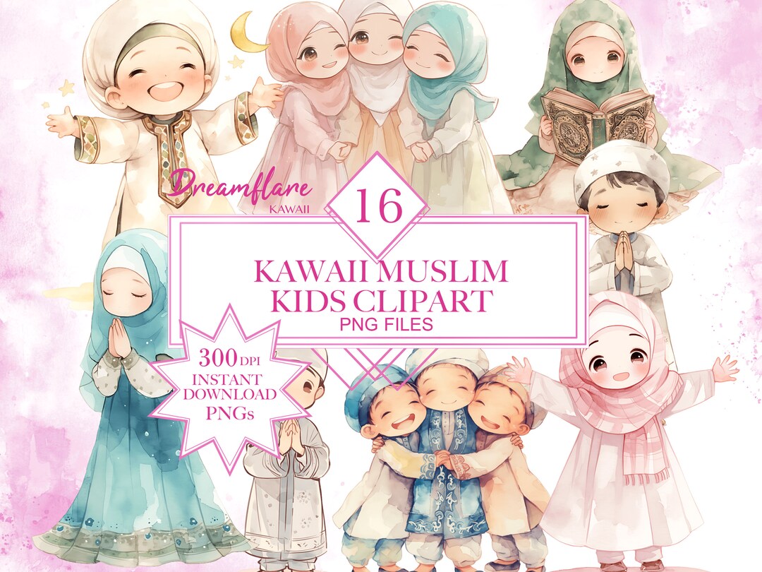 Watercolor Cute Muslim Kids Clipart Bundle, Islam PNG, Kawaii Clipart ...