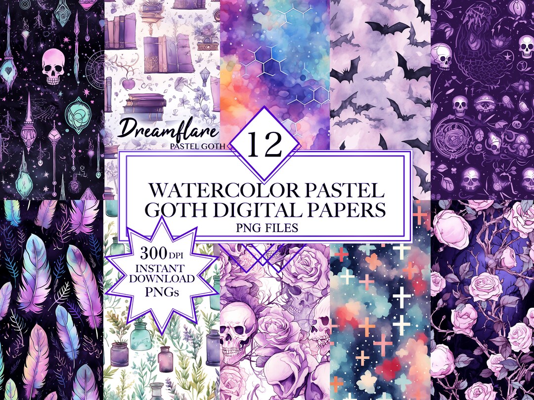 Watercolor Pastel Goth Digital Papers PNG Bundle, Halloween Digital ...