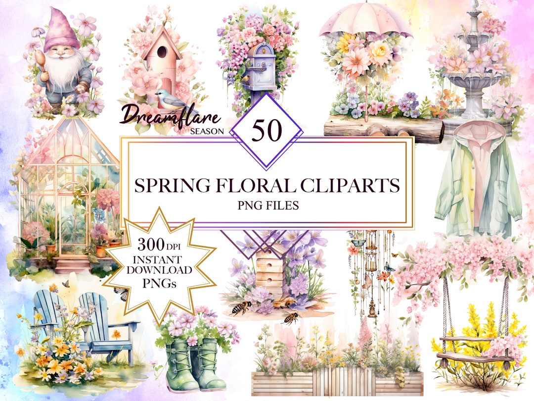 Watercolor Spring Flowers, Garden Clipart Bundle, Botanical Plants Pngs ...