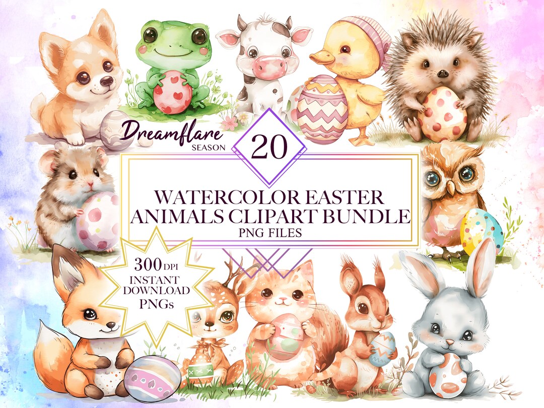 Watercolor Easter Animals Clipart Bundle, Cute Animals PNG, Easter Eggs ...