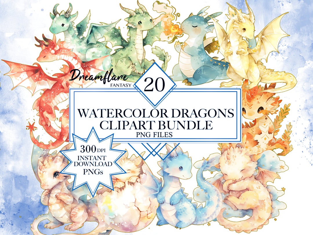 Watercolor Cute Dragons Clipart Bundle, Magical Dragon PNG, Dragon ...