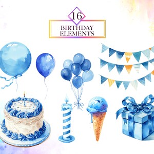 Watercolor Blue Birthday Clipart Bundle, Blue Birthday PNG, Watercolor ...