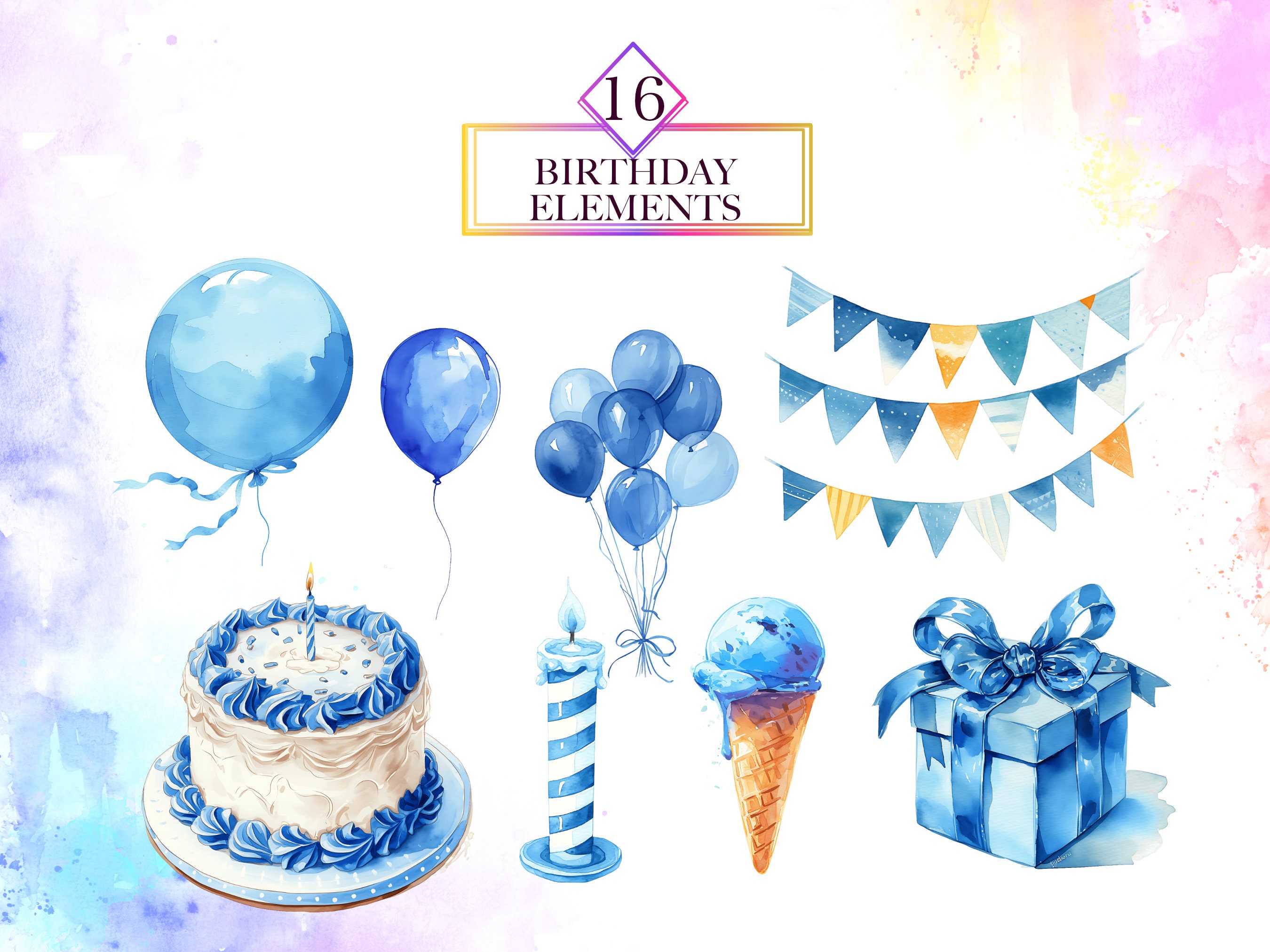 Watercolor Blue Birthday Clipart Bundle, Blue Birthday PNG, Watercolor ...